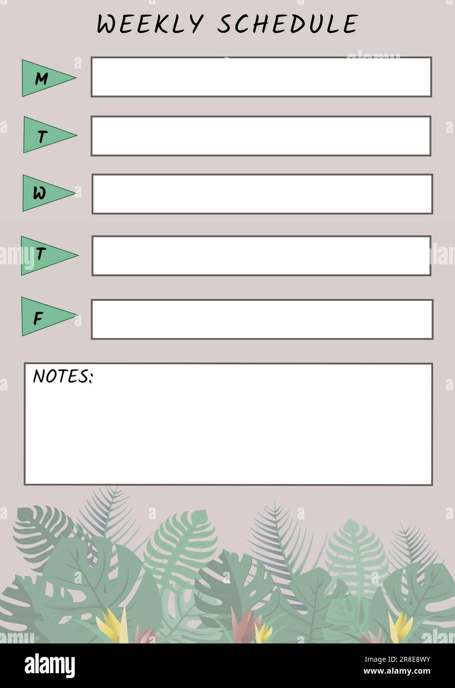 Illustration of weekly schedule and notes text with empty boxes on ...