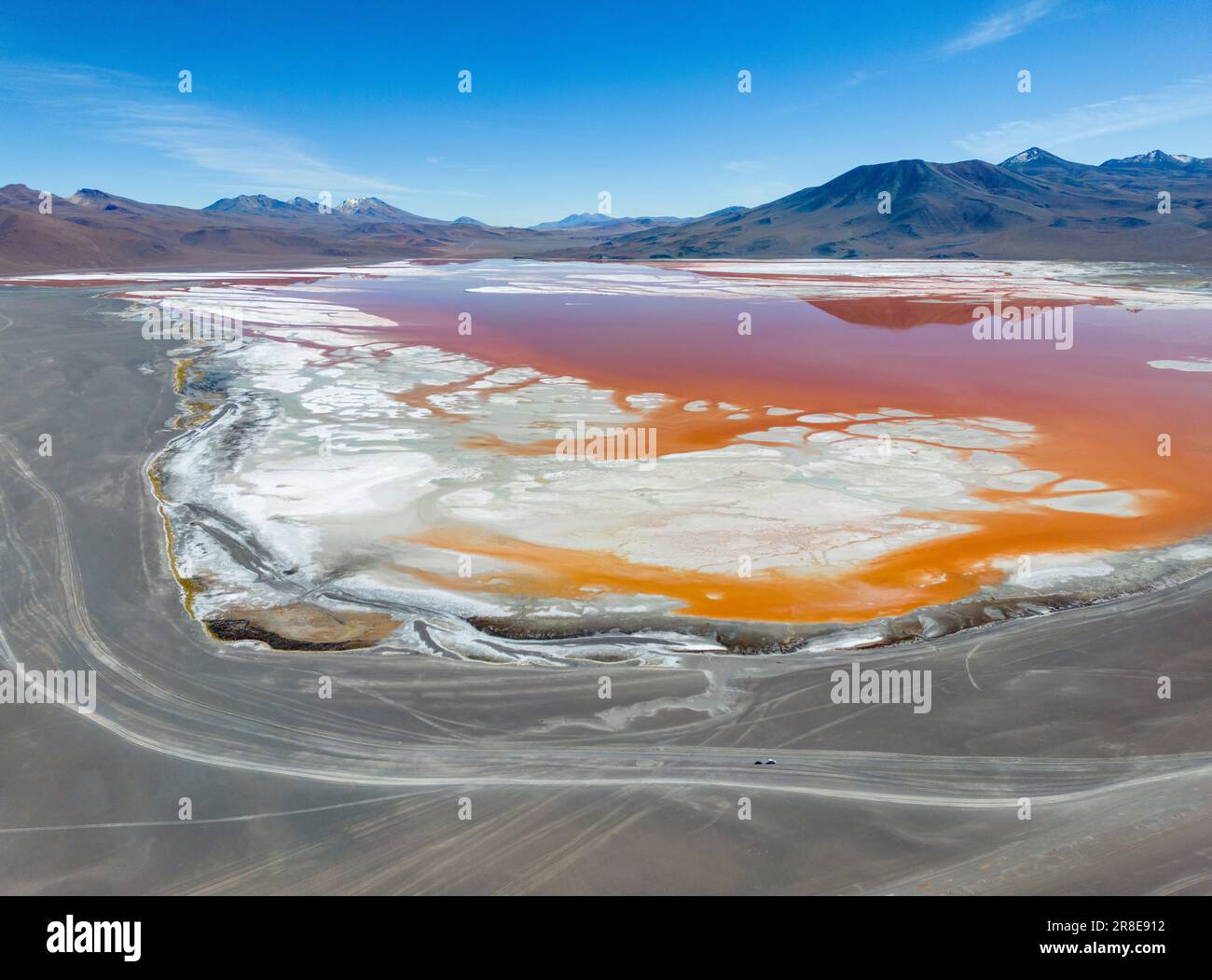 Aerial view of Laguna Colorada, famous natural sight while traveling ...