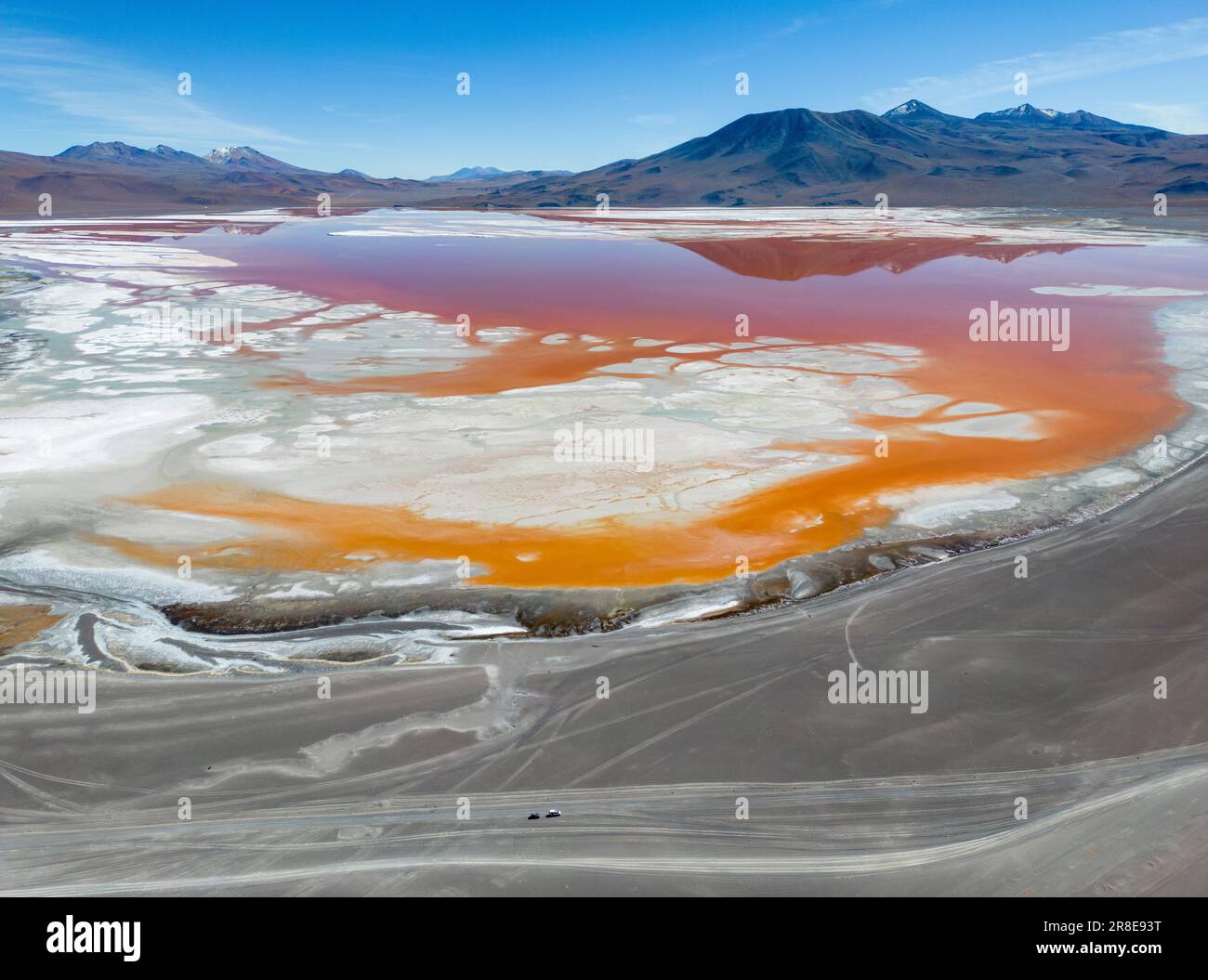 Aerial view of Laguna Colorada, famous natural sight while traveling ...