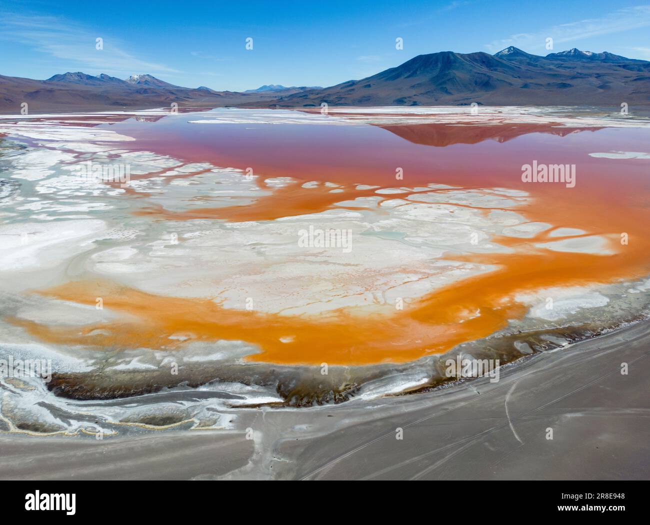 Aerial view of Laguna Colorada, famous natural sight while traveling ...