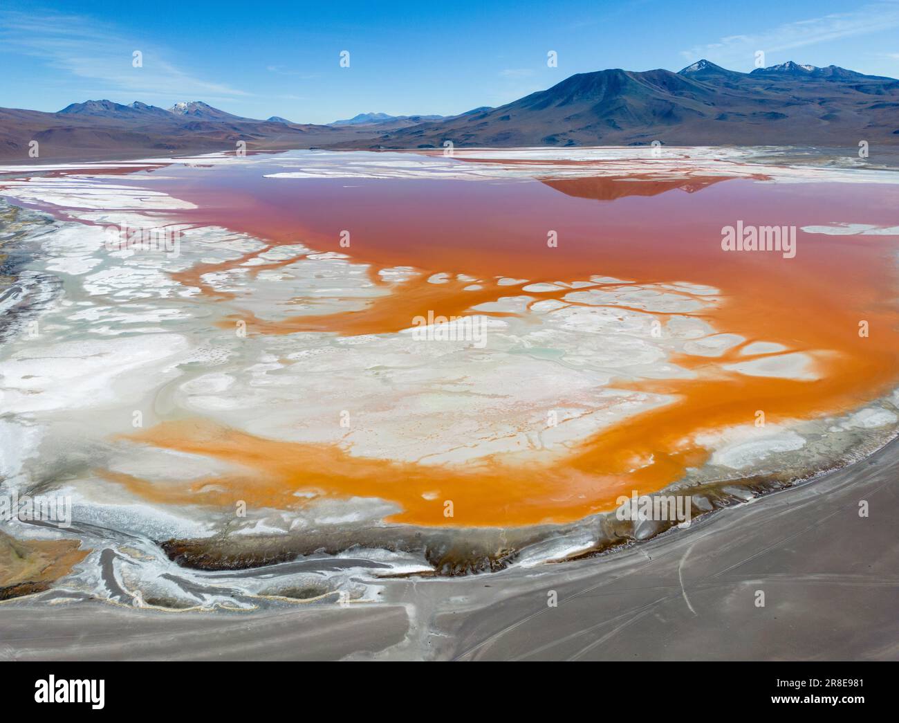 Aerial view of Laguna Colorada, famous natural sight while traveling ...