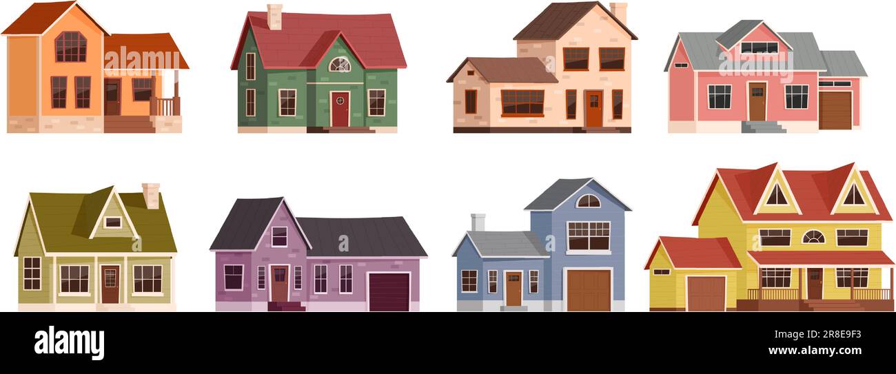 Cartoon American suburban houses. Home exterior, suburbs neighborhood ...