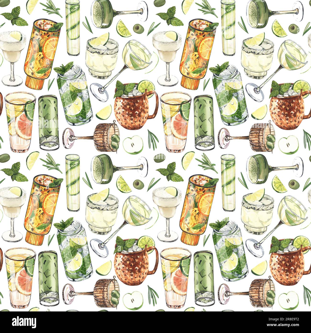 Watercolor seamless pattern, cocktail glasses: martini,mojito,liquor ...