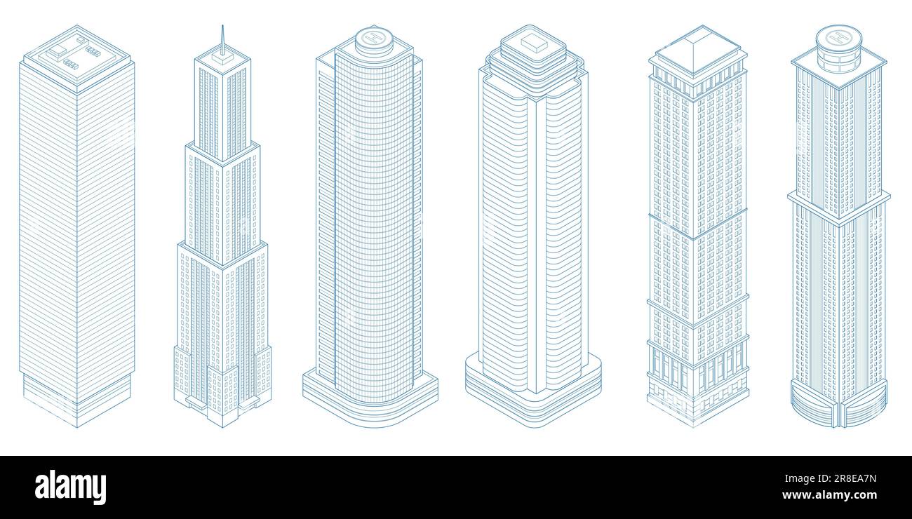 Isometric modern skyscraper outline, modern buildings on write ...