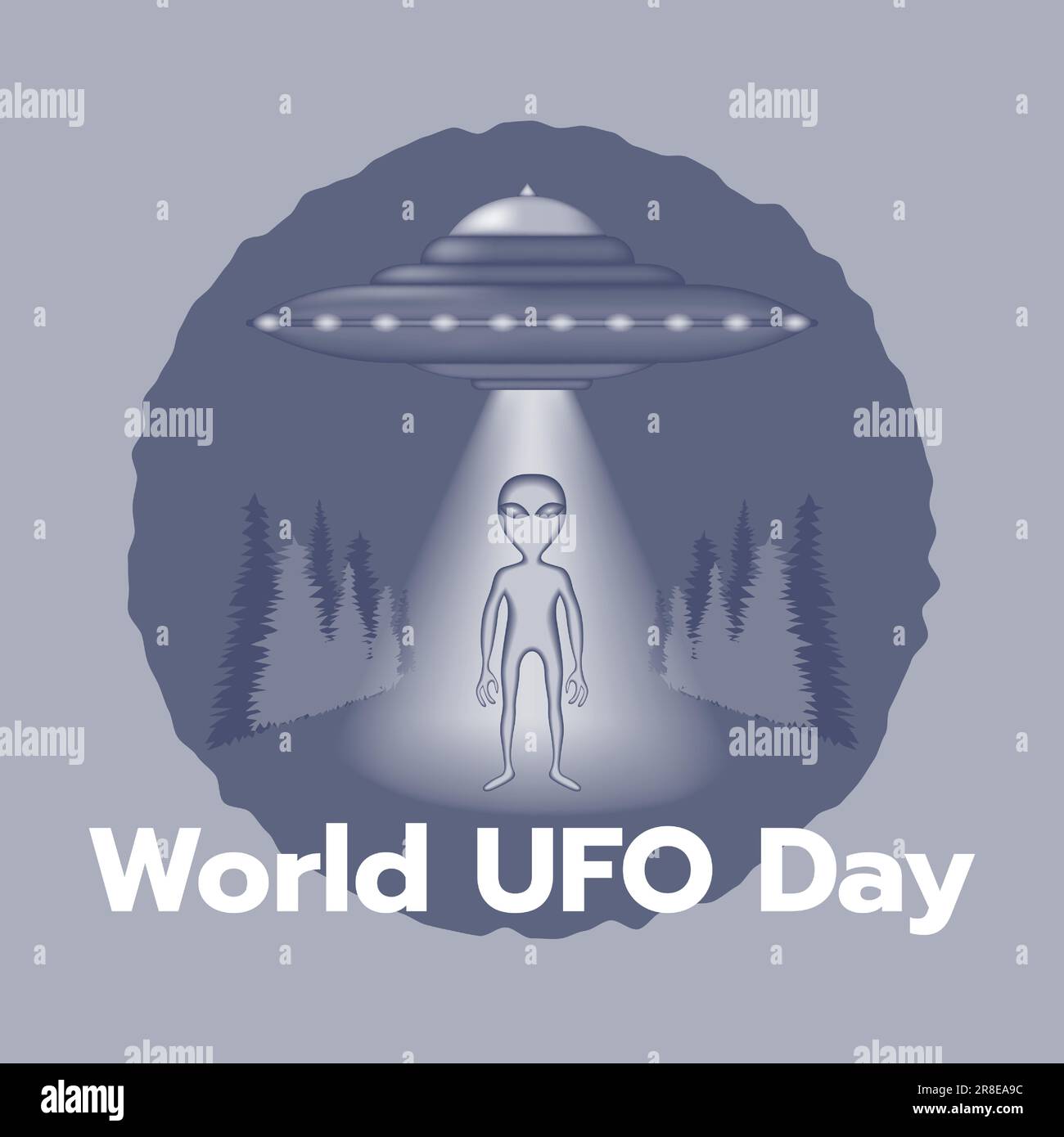 Monochrome poster with a flying saucer and an alien. Postcard, print ...