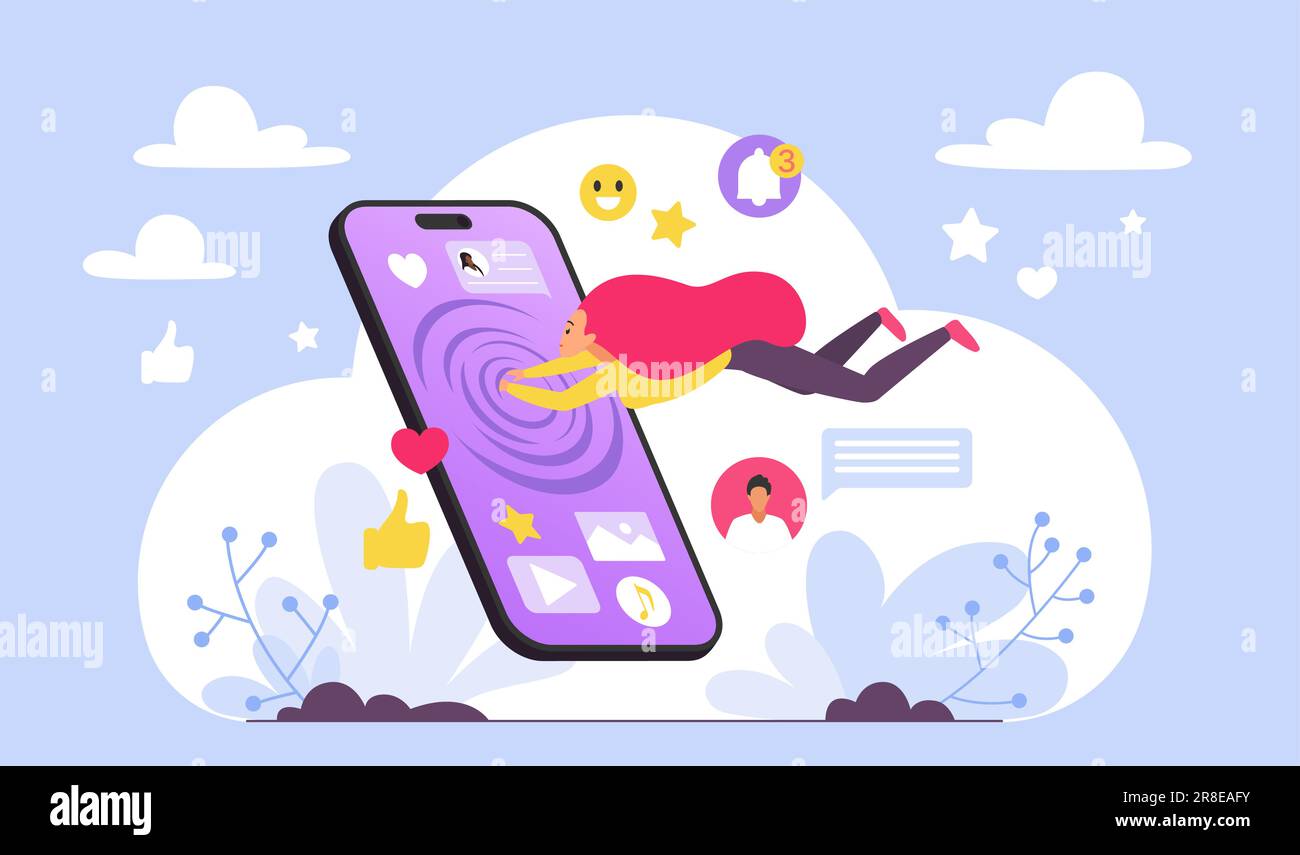 Danger of social media addiction vector illustration. Cartoon tiny ...