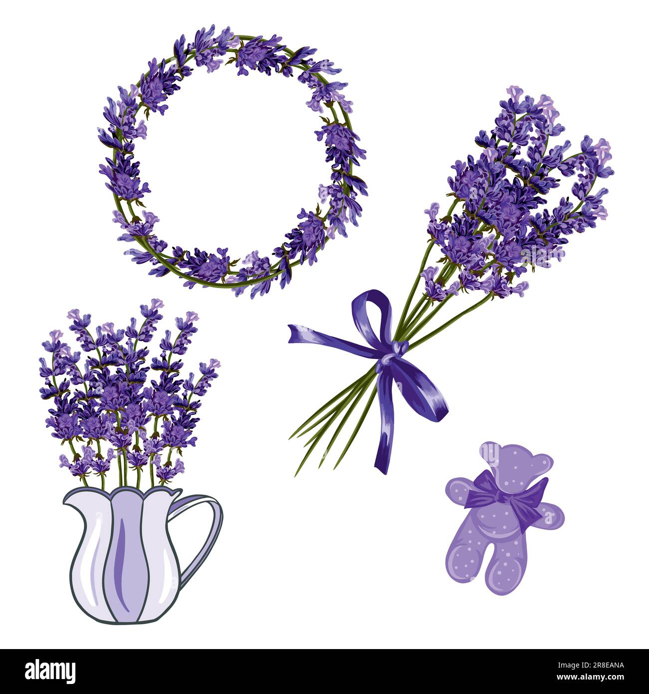 Lavender flowers, scented bear, vase with bouquet, wreath. Vector ...