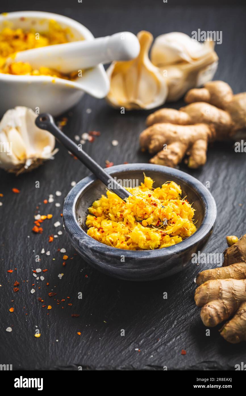 Homemade fresh ginger and garlic paste or Adrak Lahsun puree with ...