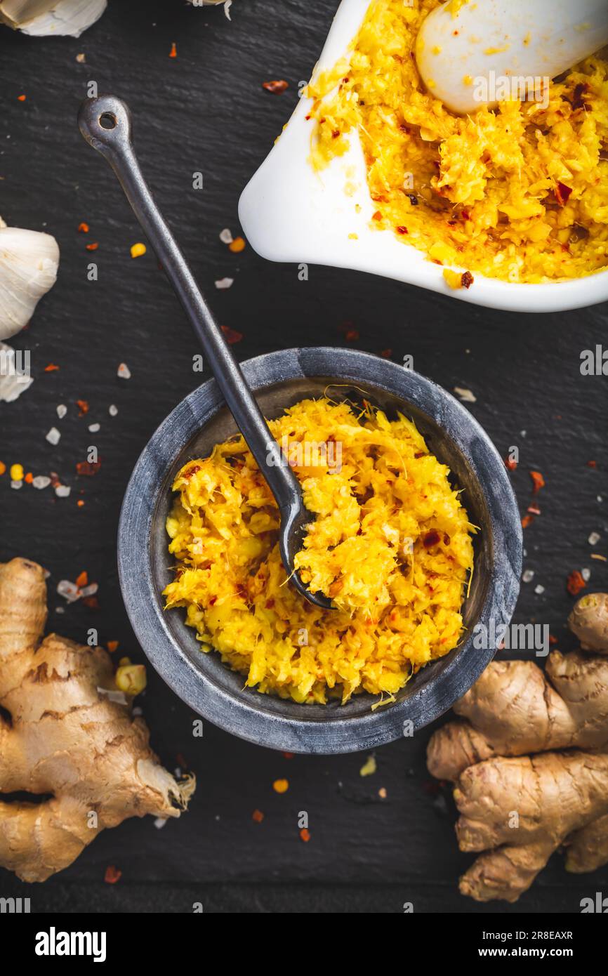 Homemade fresh ginger and garlic paste or Adrak Lahsun puree with ...