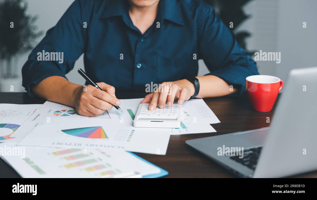 Young woman of banking finance officer using computer laptop and use ...