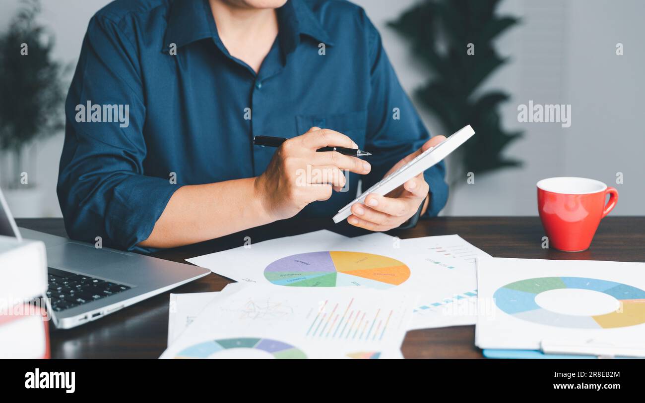 Young woman of banking finance officer using computer laptop and use ...
