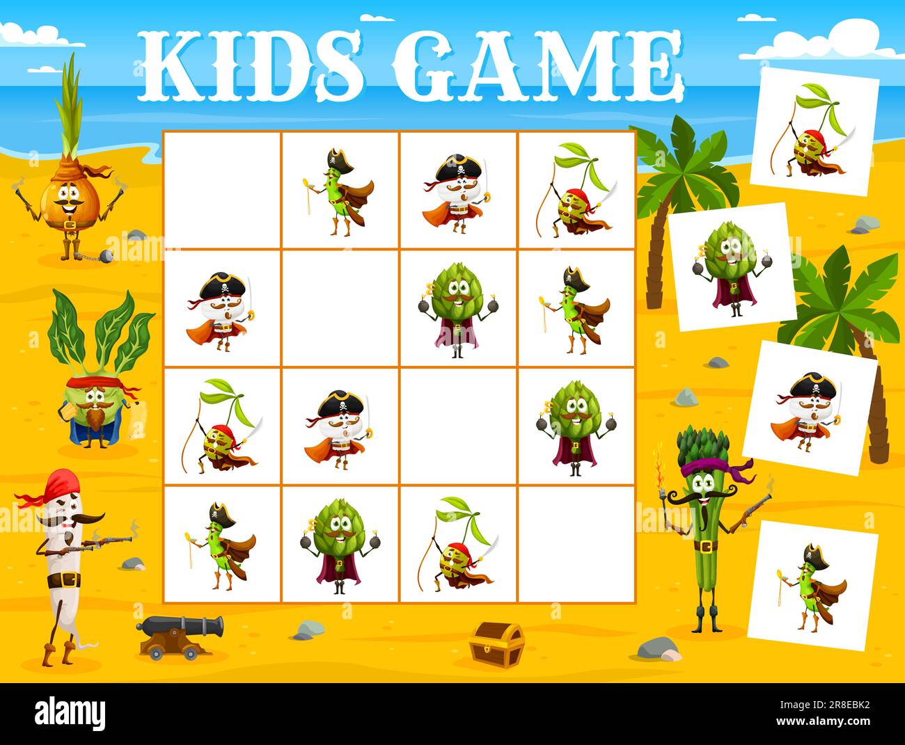 Sudoku kids game cartoon vegetable pirates and corsairs characters ...