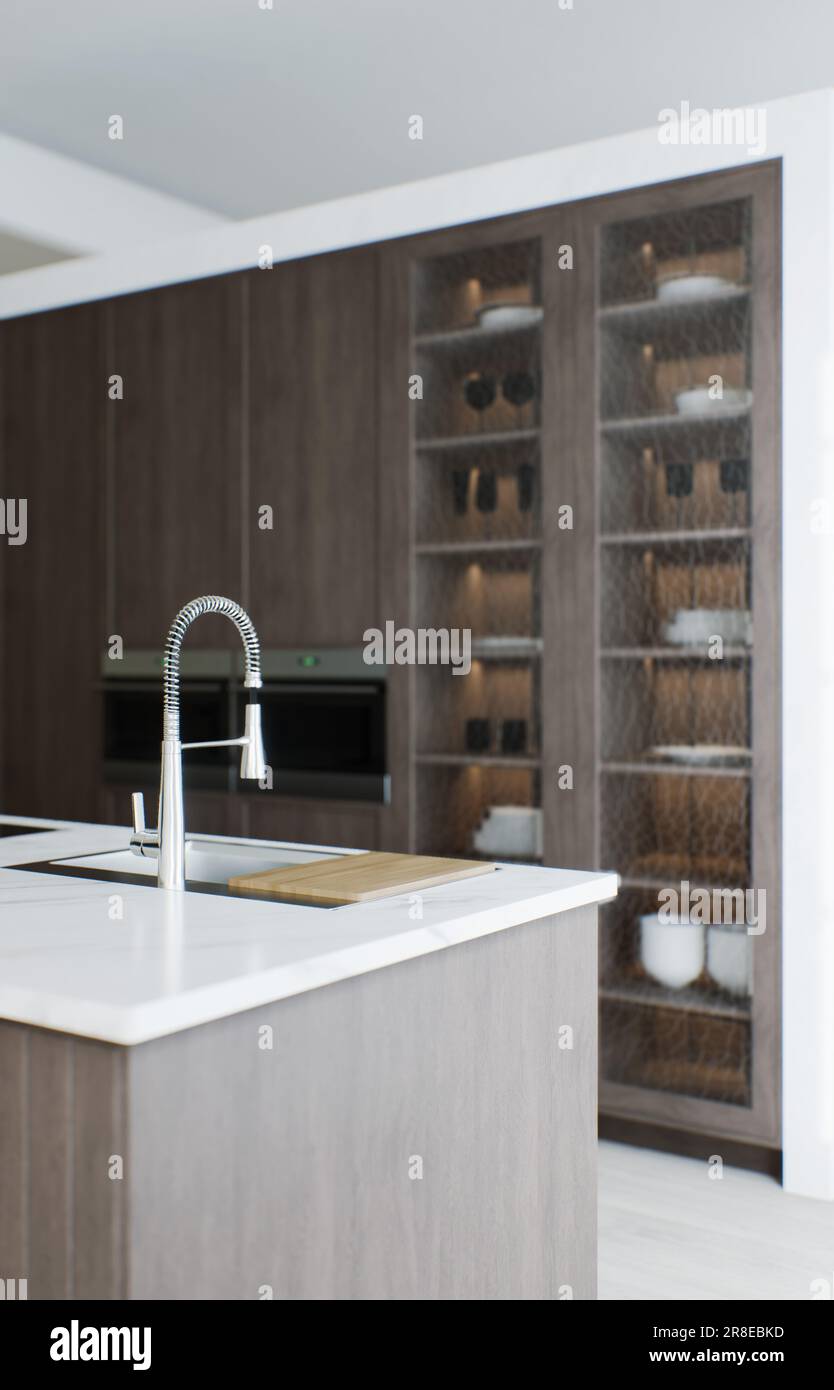 Kitchen minimalism. Wooden kitchen with large long island and bar ...