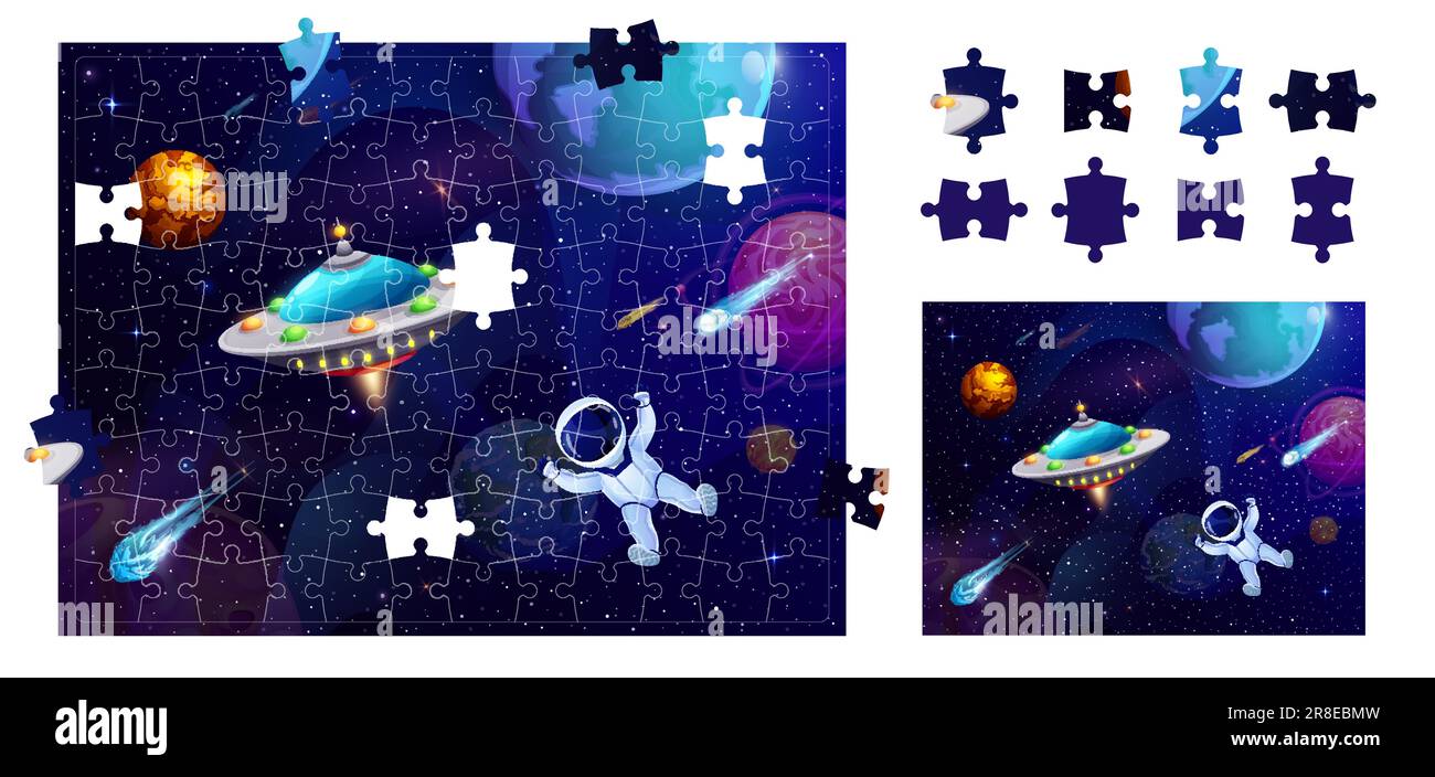 Space jigsaw puzzle game pieces. Astronaut and UFO in starry galaxy ...