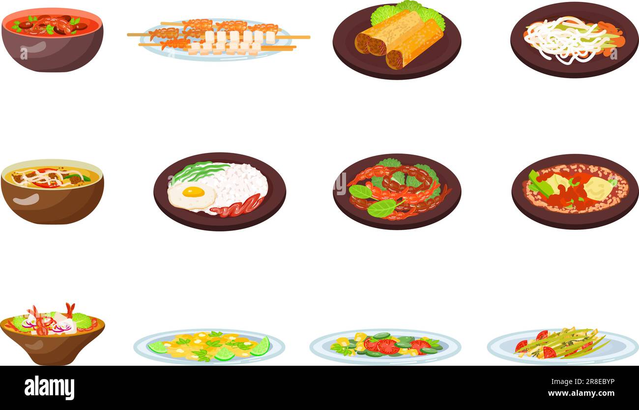 Thai food icons set cartoon vector. Rice dinner Stock Vector Image ...