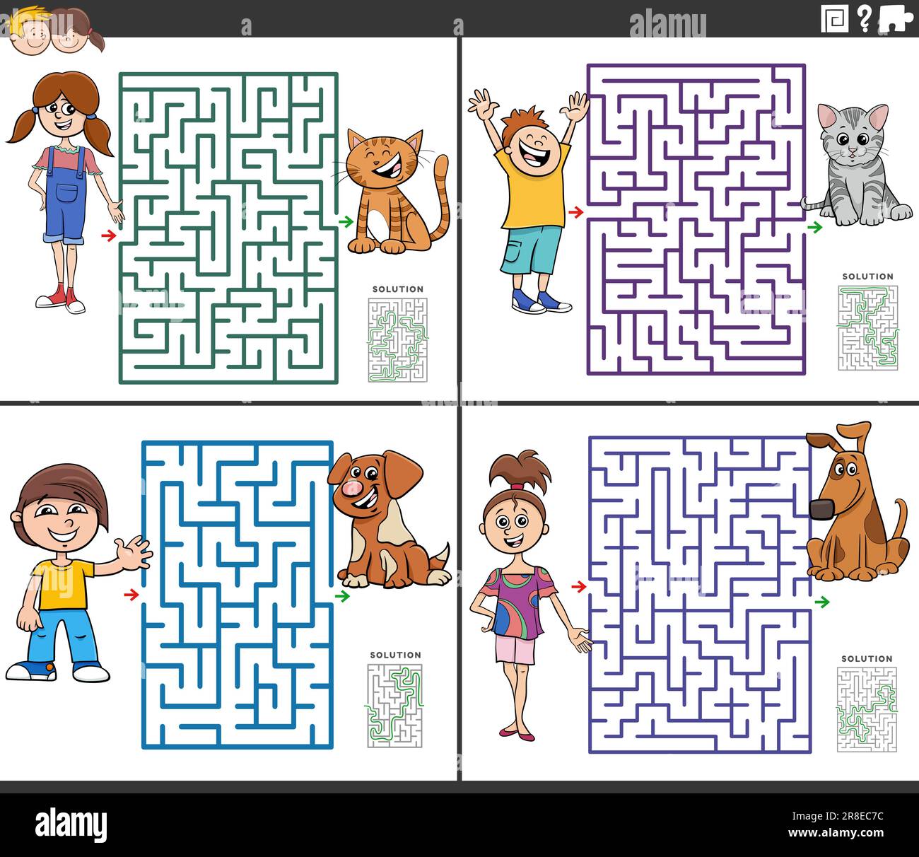 Cartoon illustration of educational maze puzzle activities set with ...
