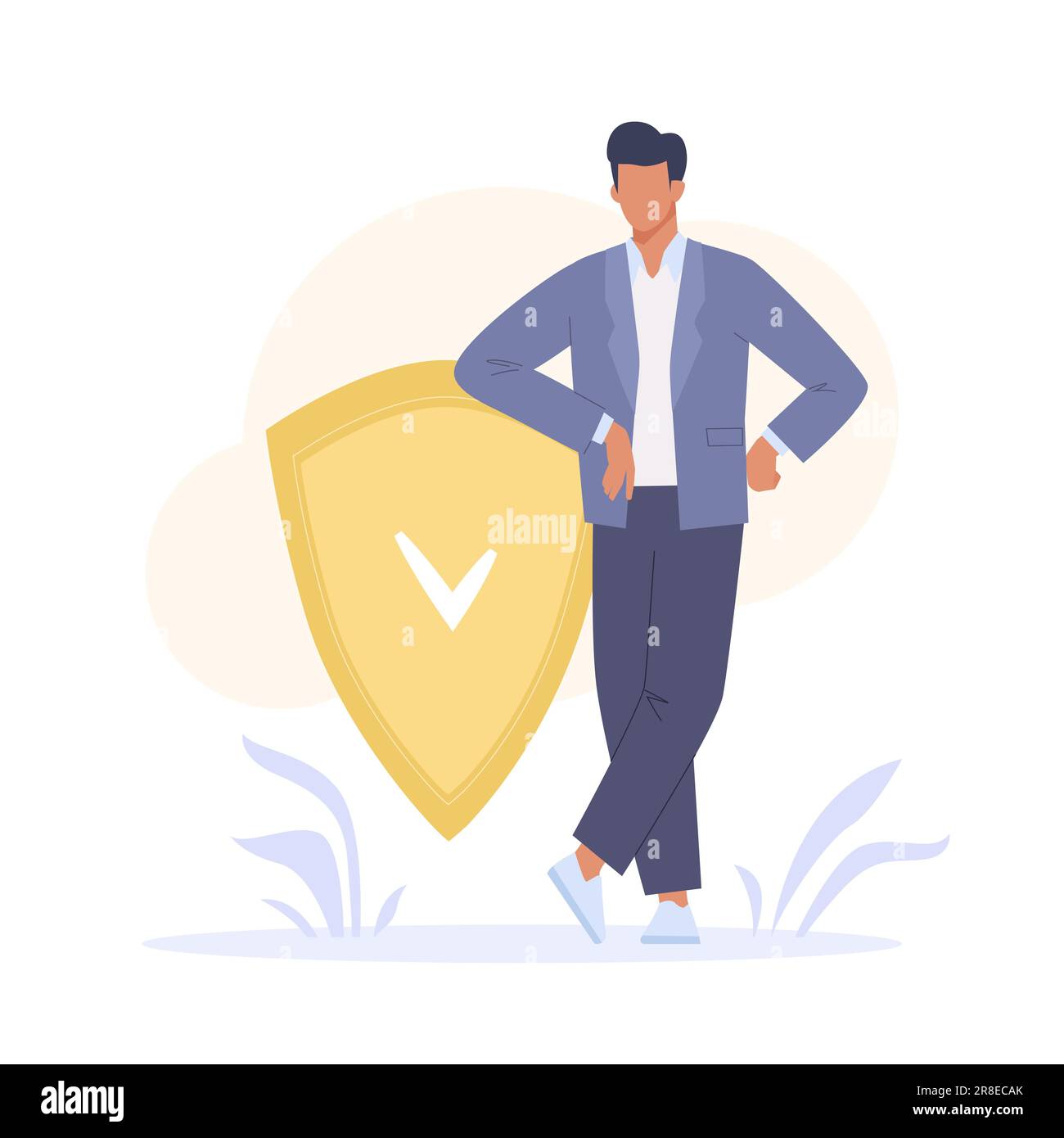 Businessman standing with safe shield with checkmark of defense and ...