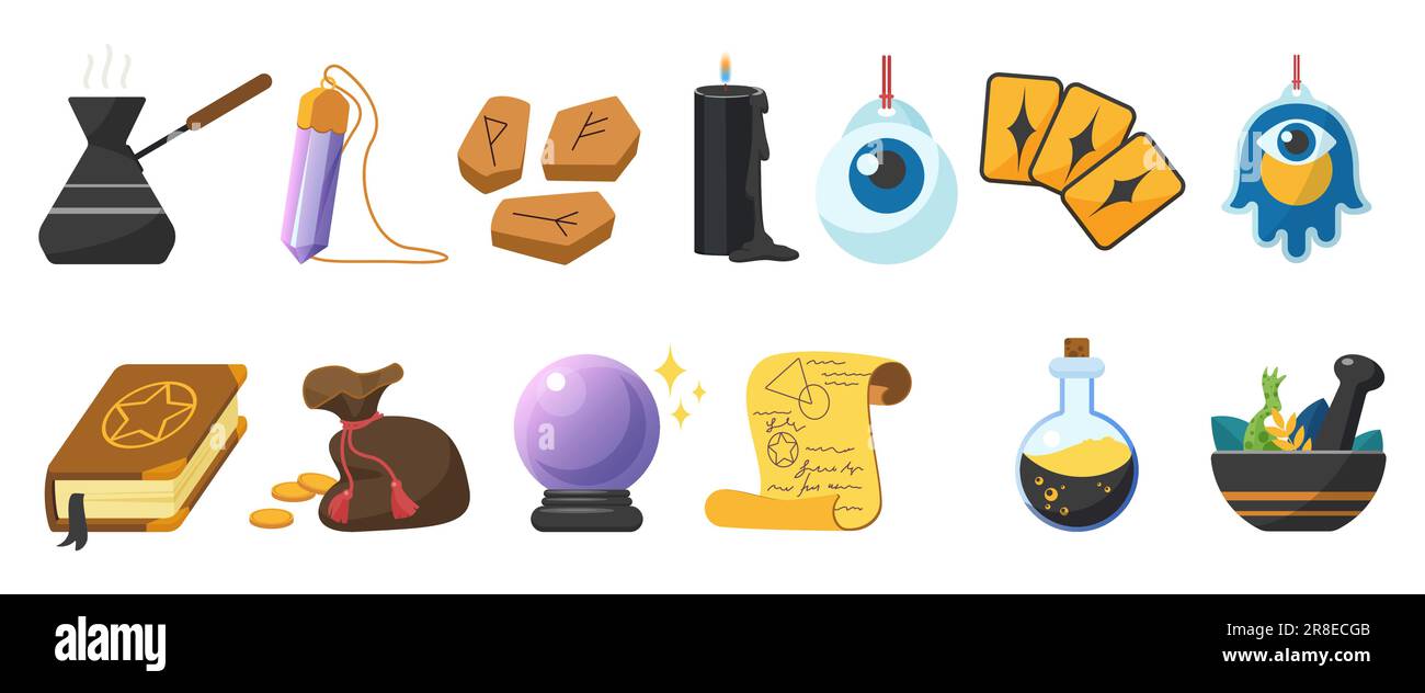 Magic elements set vector illustration. Cartoon isolated sorcerers or ...