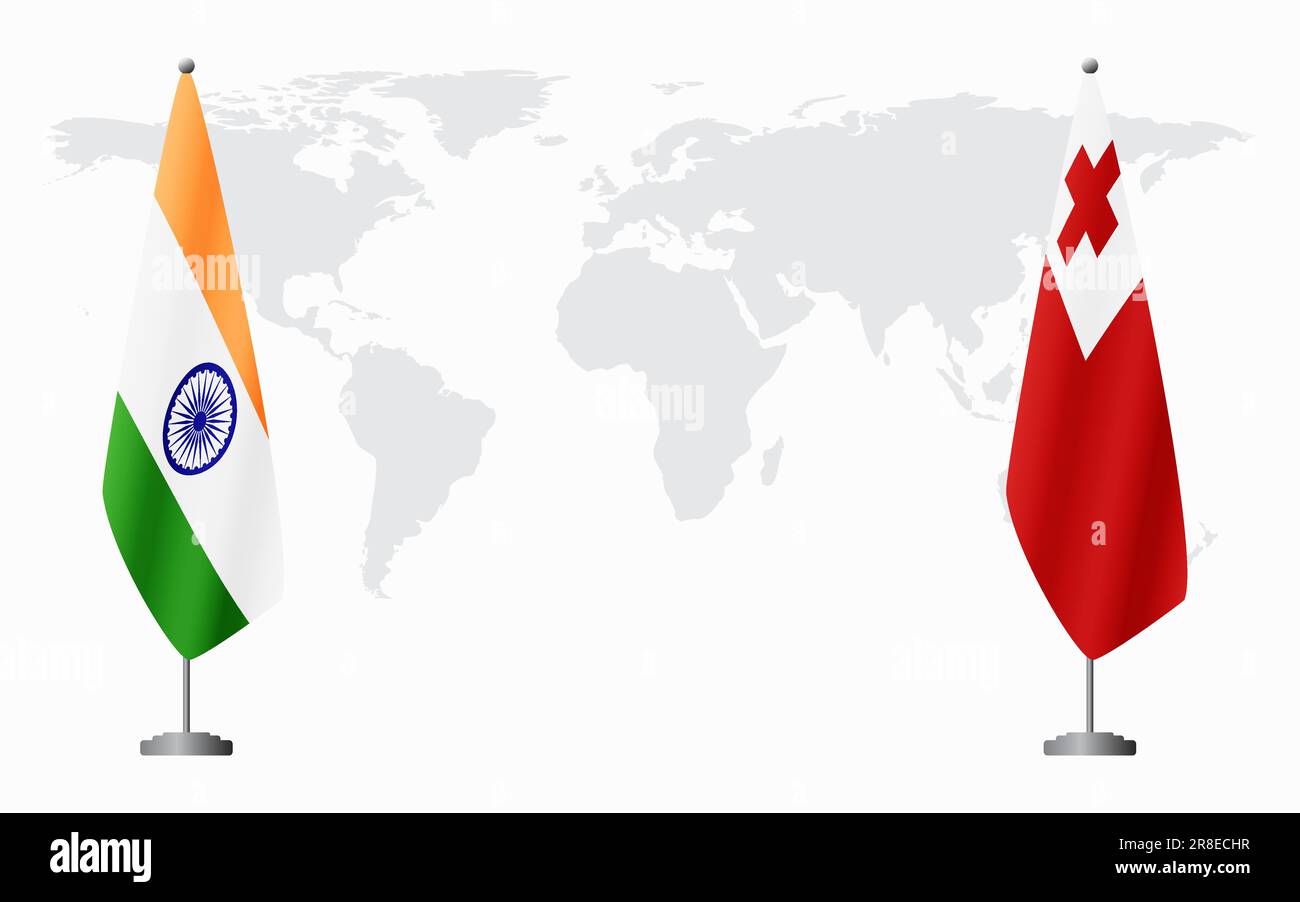 India and Tonga flags for official meeting against background of world ...