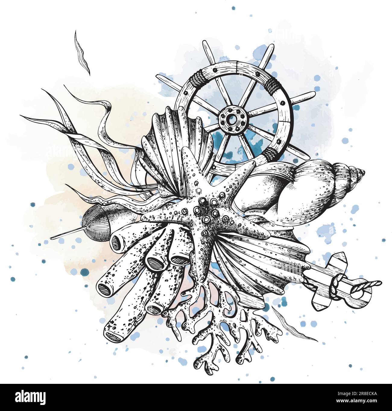 Marine animals with anchor, rudder and lifebuoy. Illustration of hand ...