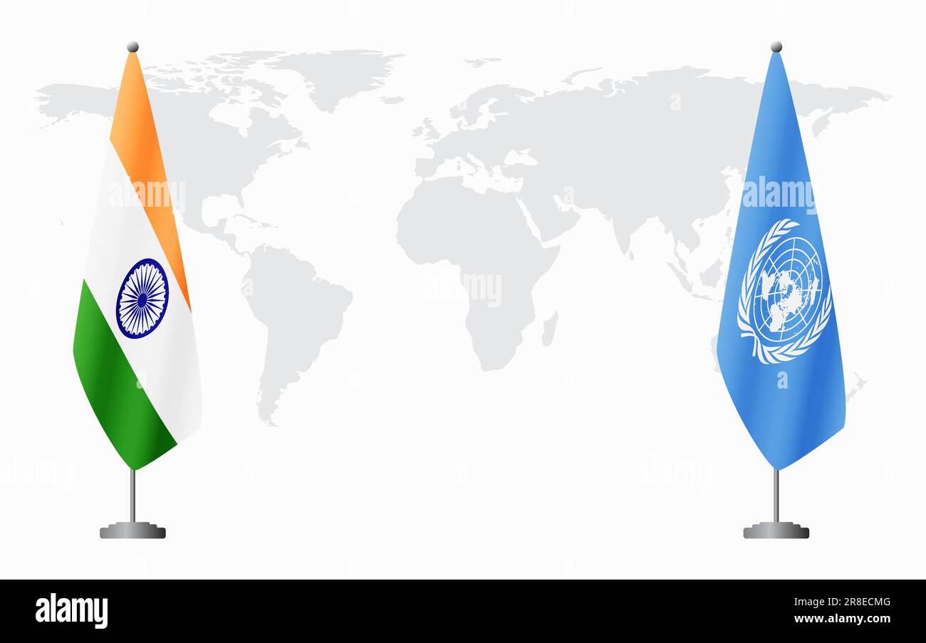 India and United Nations flags for official meeting against background ...