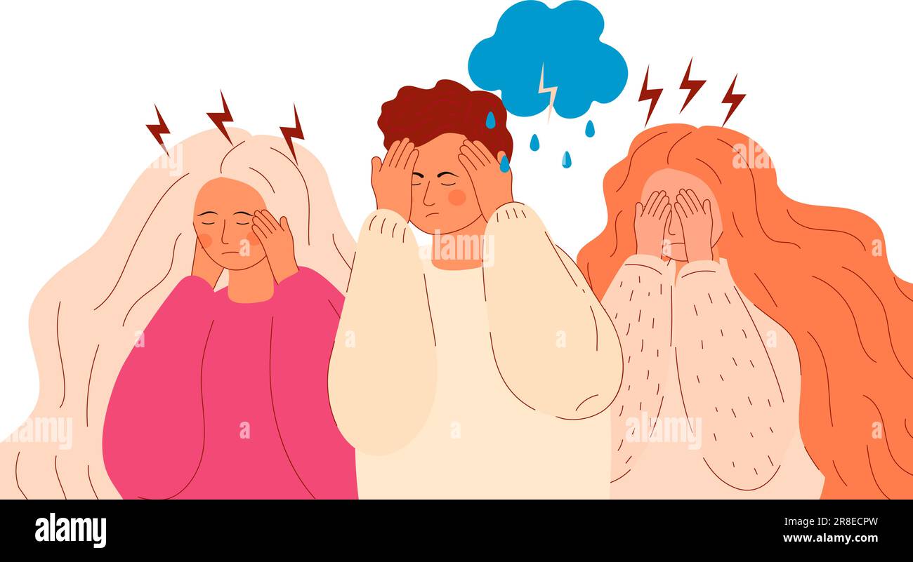 Mental illness concept vector. Man, woman fills loss, overwork, fatigue ...