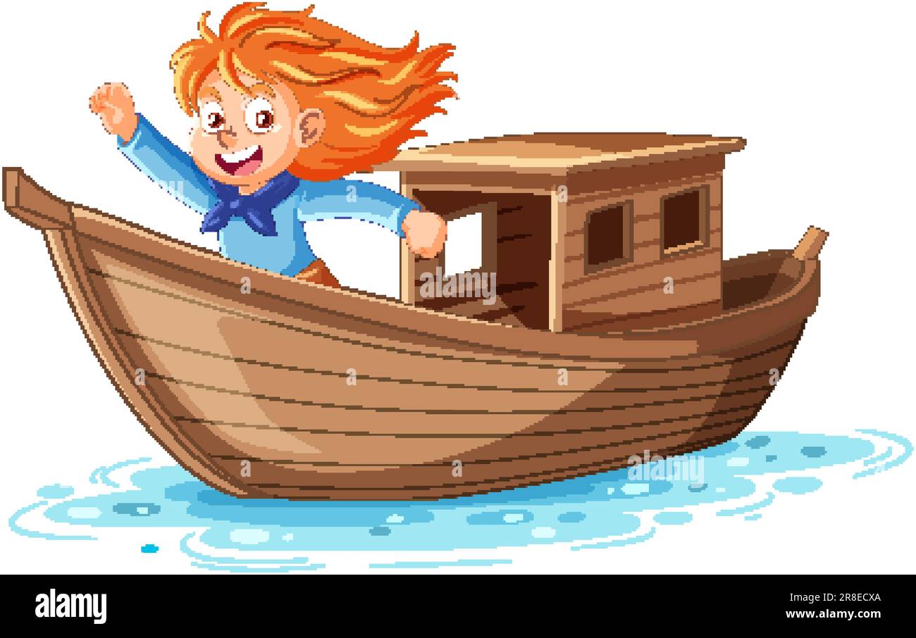 Adventure Girl on Wooden Boat illustration Stock Vector Image & Art - Alamy