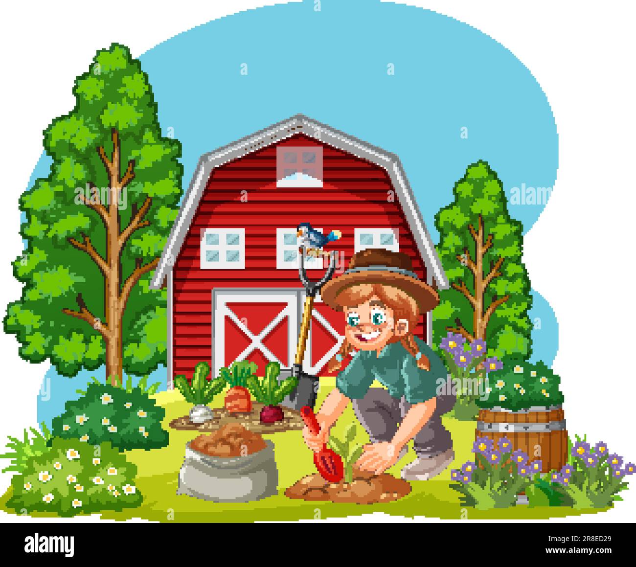 Farm scene with girl planting vegetable illustration Stock Vector Image ...