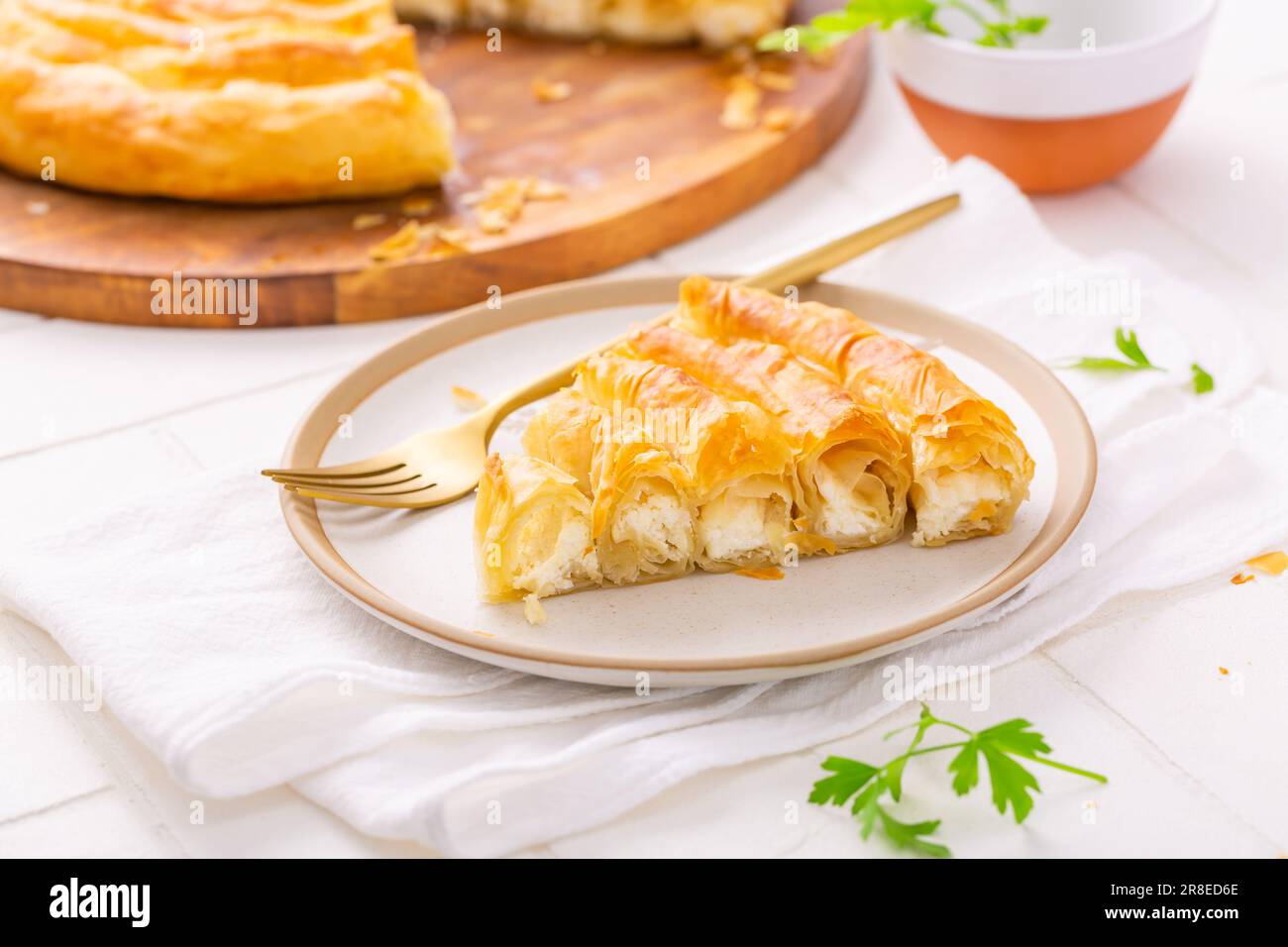 Traditional feta cheese phyllo pastry pie, borek or burek Stock Photo ...