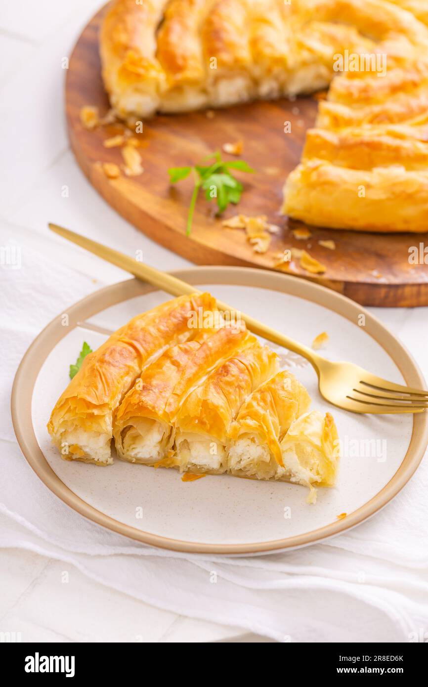 Traditional feta cheese phyllo pastry pie, borek or burek Stock Photo ...