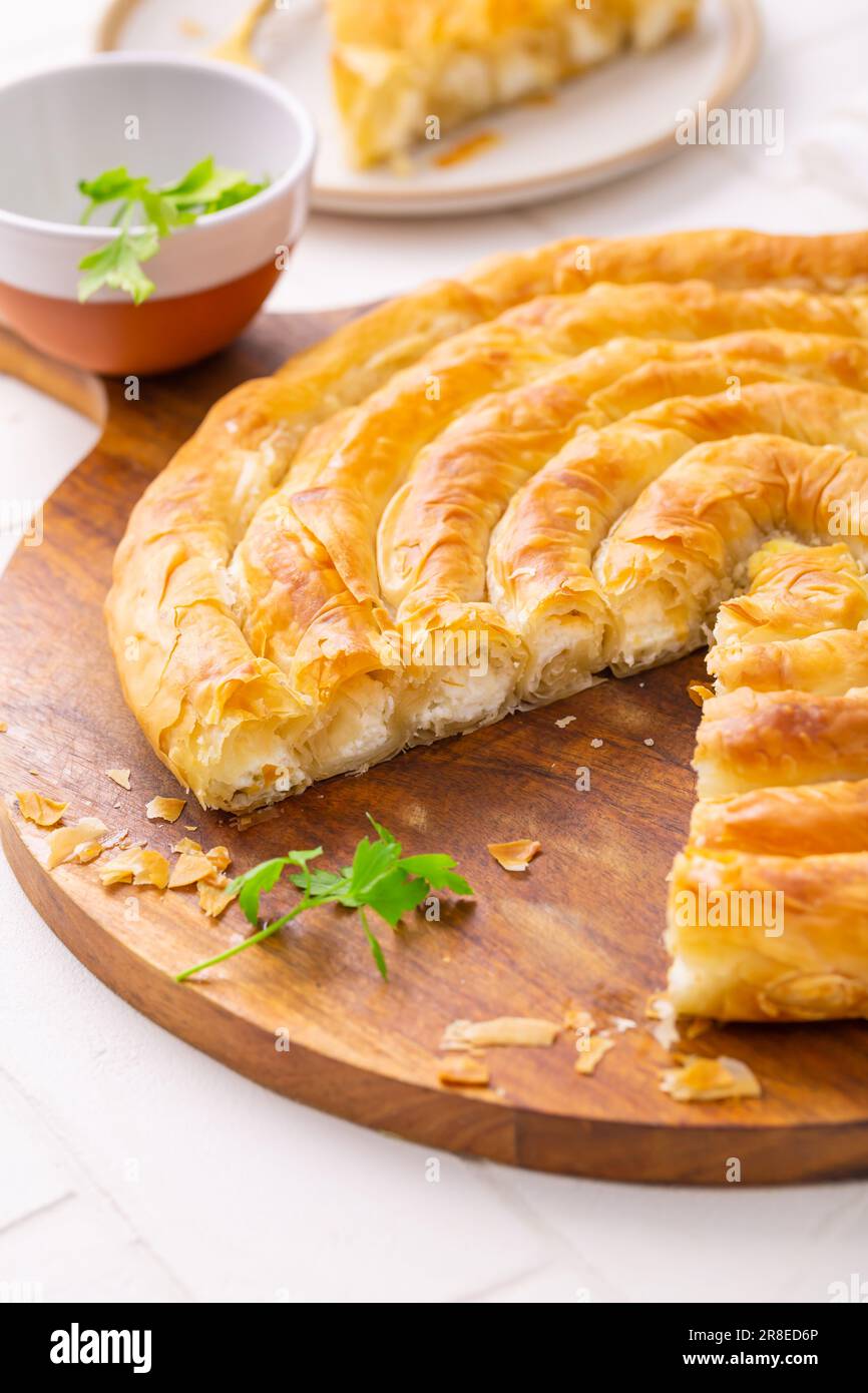 Traditional feta cheese phyllo pastry pie, borek or burek Stock Photo ...