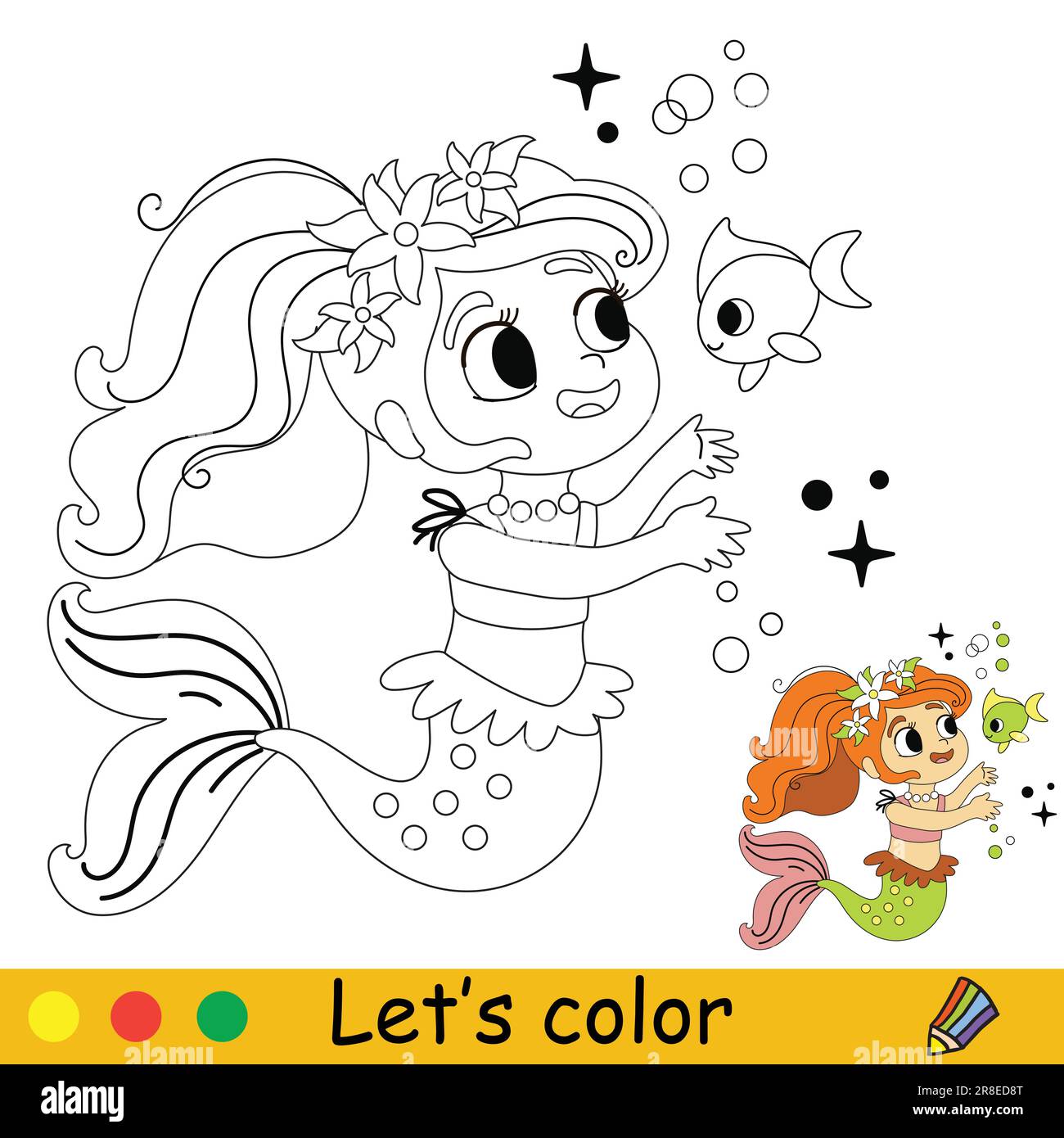 Cute and happy mermaid and fish. Vector cartoon illustration. Kids ...