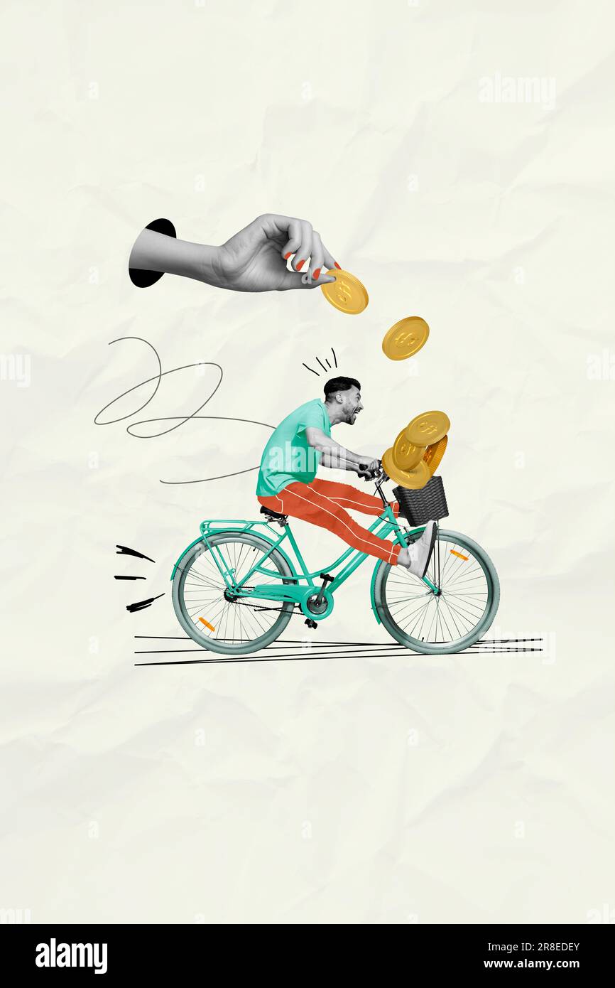 Vertical collage image of black white effect arm through hole give money coins riding bicycle ...