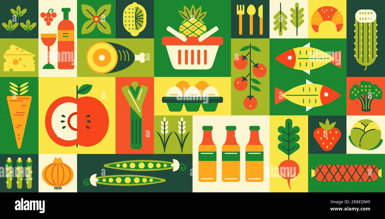 Geometric grocery store mosaic. Healthy food products, gourmet shop ...