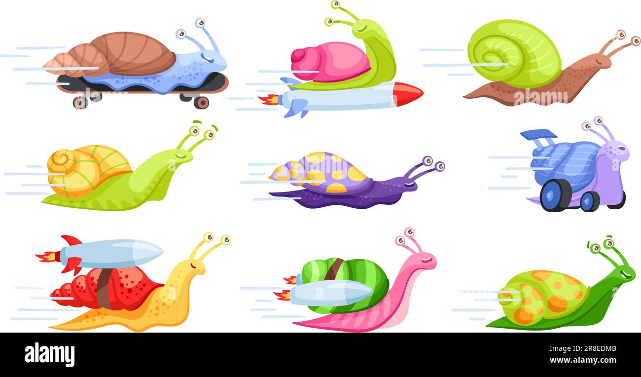 Cartoon fast snails. Turbo rocket fast-moving snail, playful gastropod ...