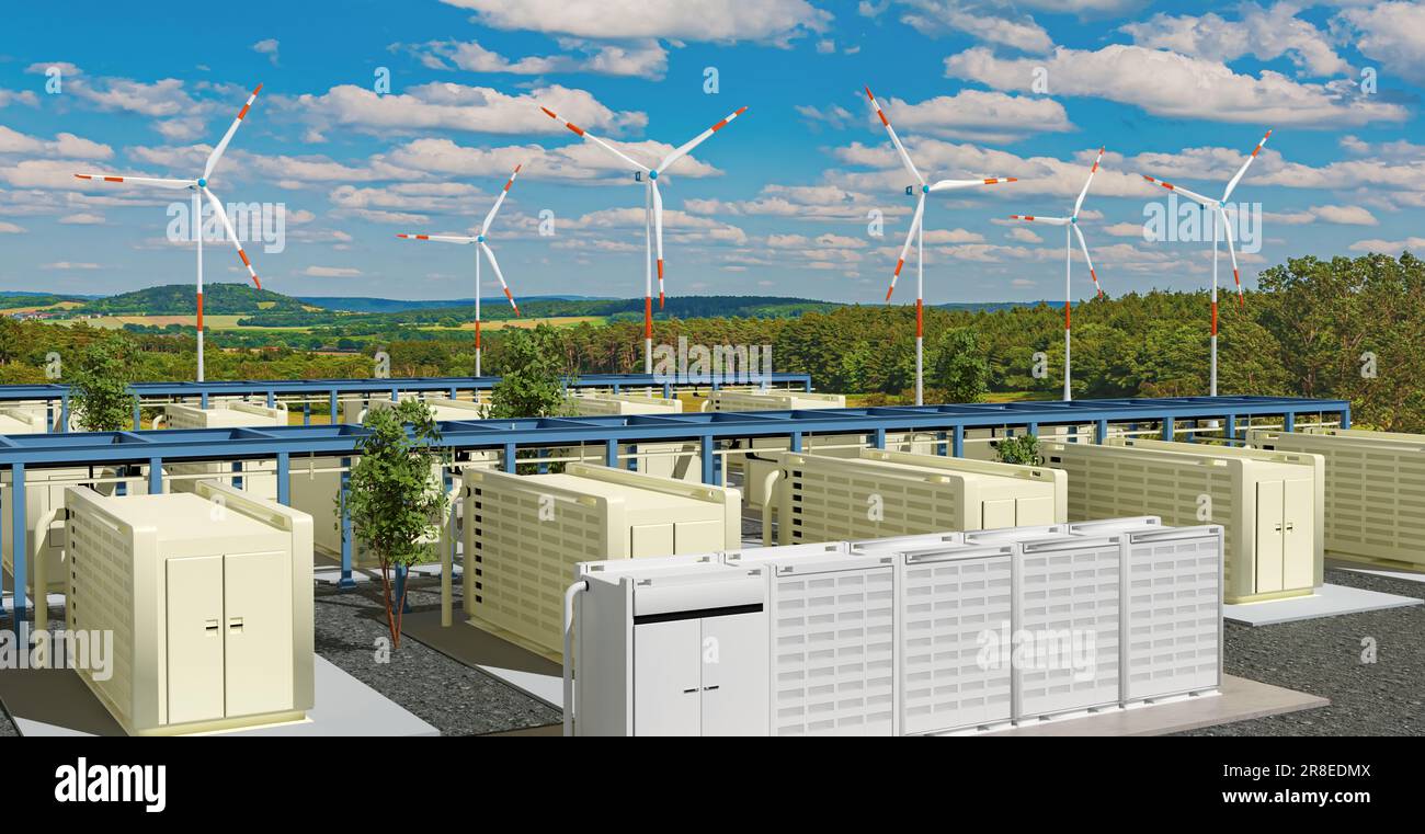 A modern battery storage and wind turbines in the nature, 3D ...
