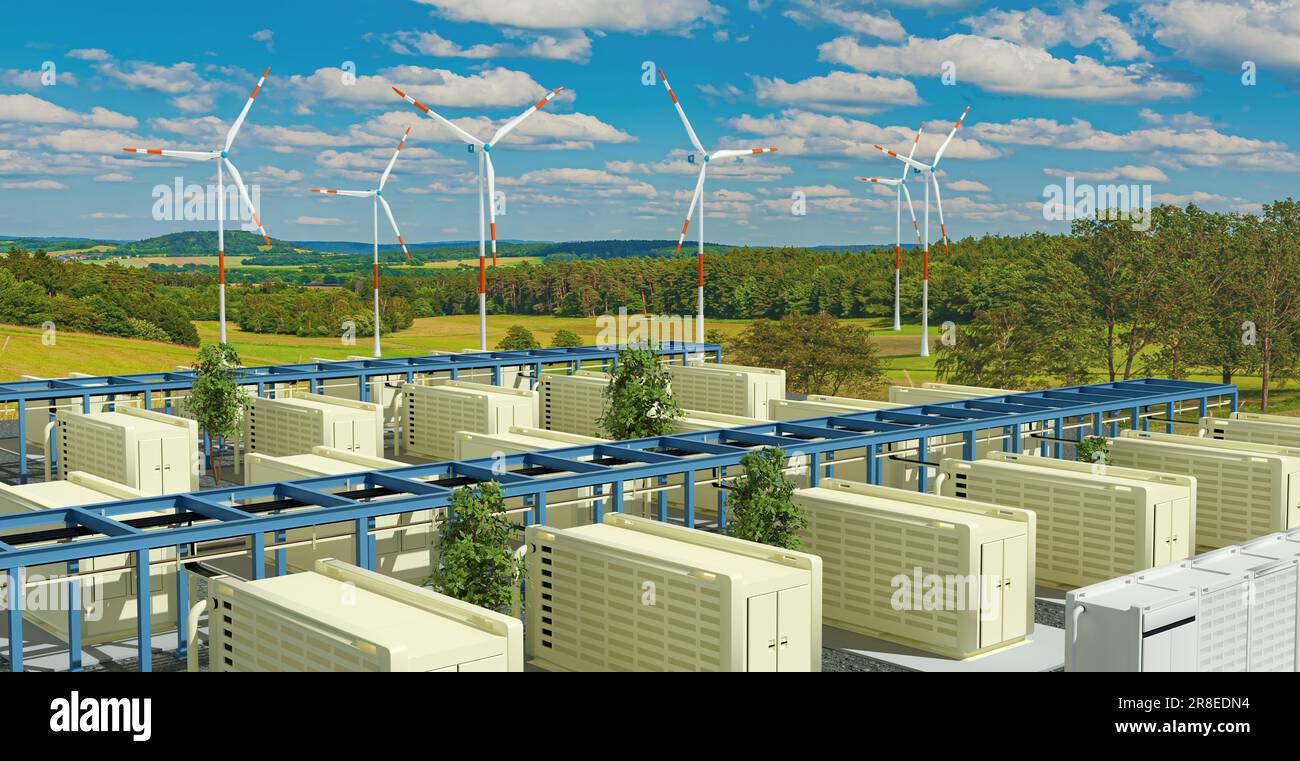 A modern battery storage and wind turbines in the nature, 3D ...