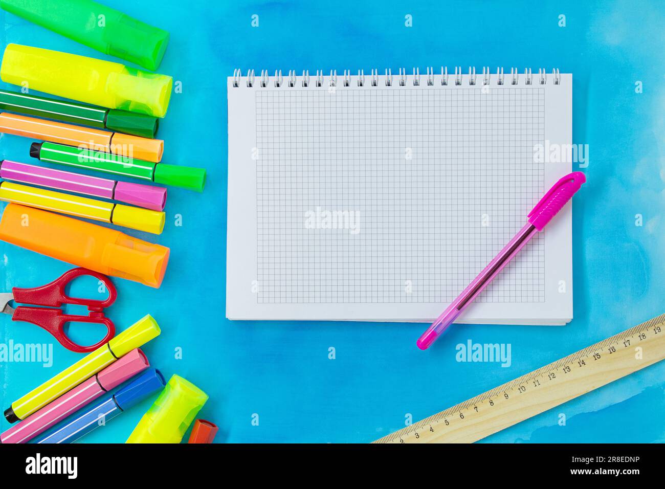 Felt tip pens, scissors, ruler and notepad for drawing or writing ...