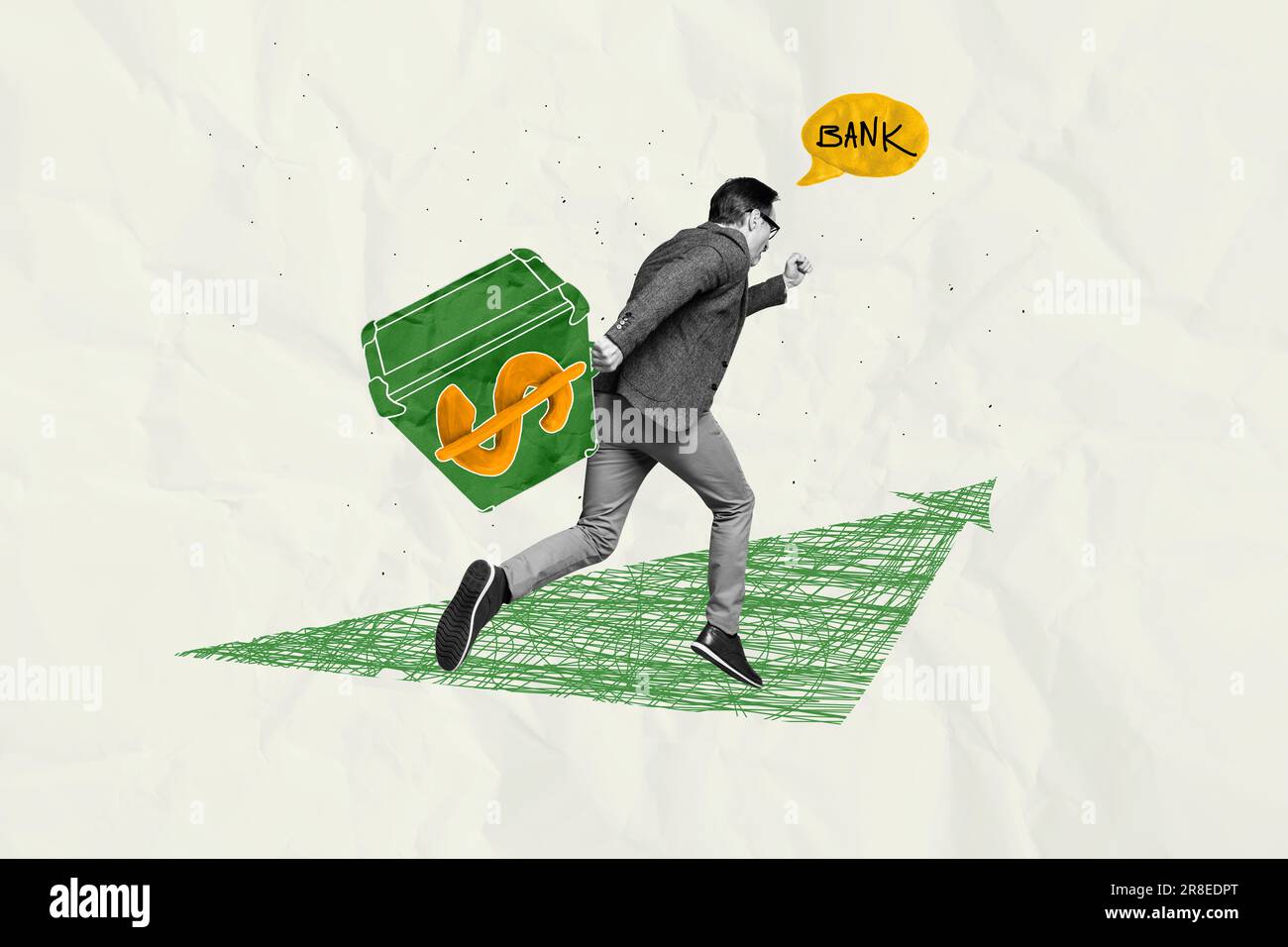 Photo collage of successful rich high income businessman running with ...