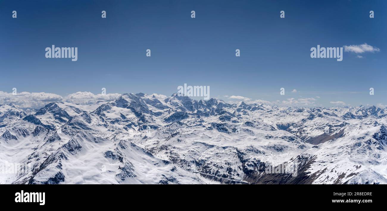 aerial landscape, from a glider plane, of Bernina range, shot from east ...