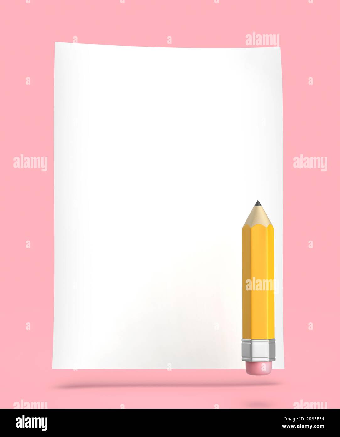 Cartoon style pencil with empty paper sheet on pink background Stock ...