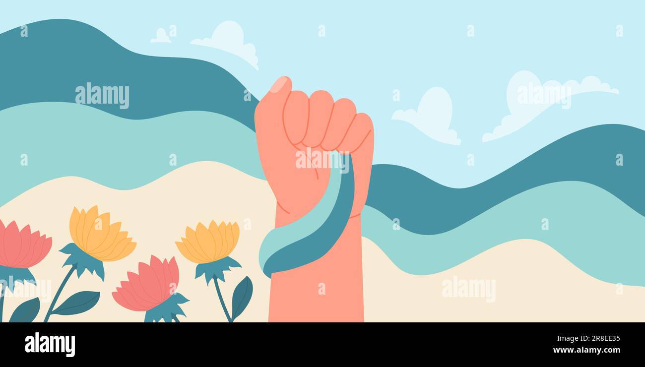 Raised fist holding wavy ribbon flag vector illustration. Hand with ...