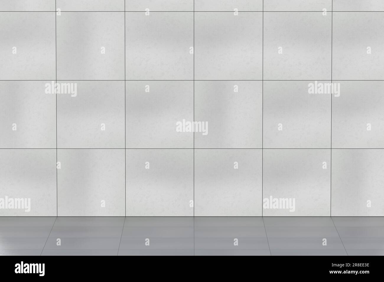 Empty room with grey ceramic tiles on the wall and floor, front view ...