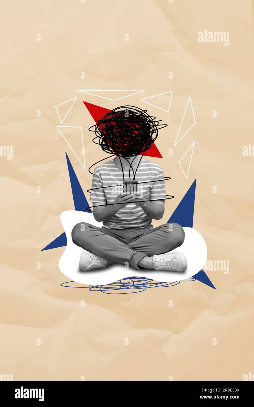 Vertical collage of black white colors man using his gadget mess ...