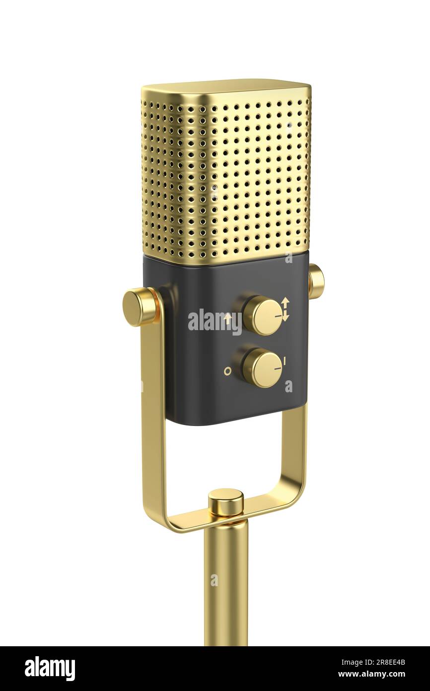Gold audio microphone isolated on white background Stock Photo - Alamy