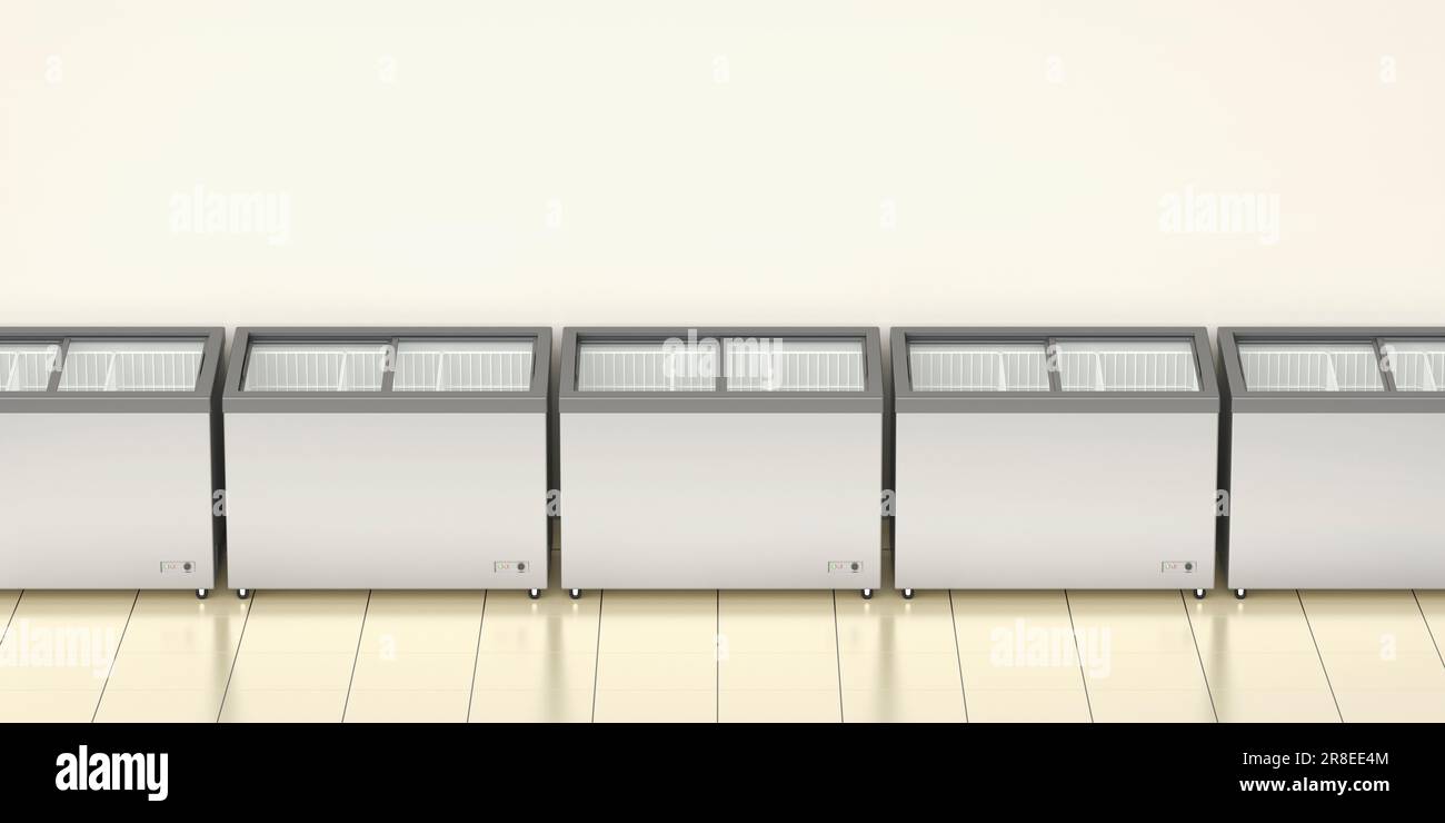 Row with many empty freezers in supermarket Stock Photo - Alamy