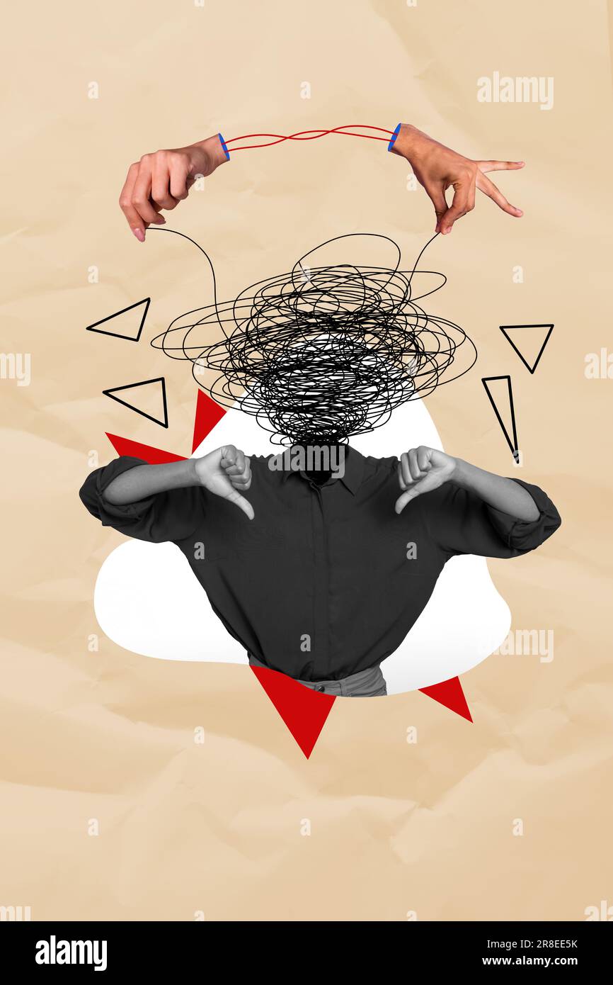 Vertical collage image of arms hold painted string mess instead person ...