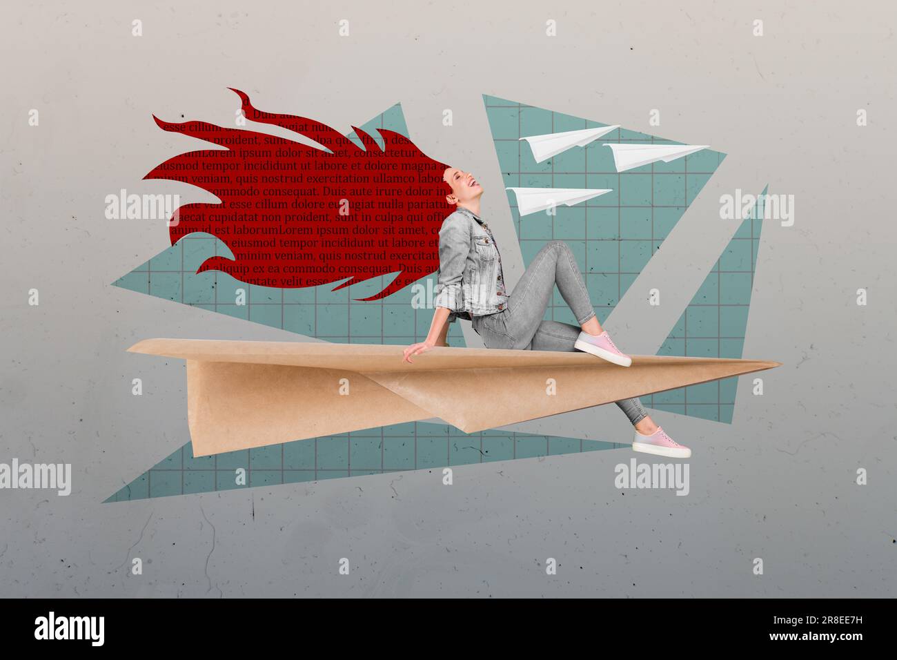 Collage Image Of Mini Positive Girl Sit Flying Huge Paper Plane Book
