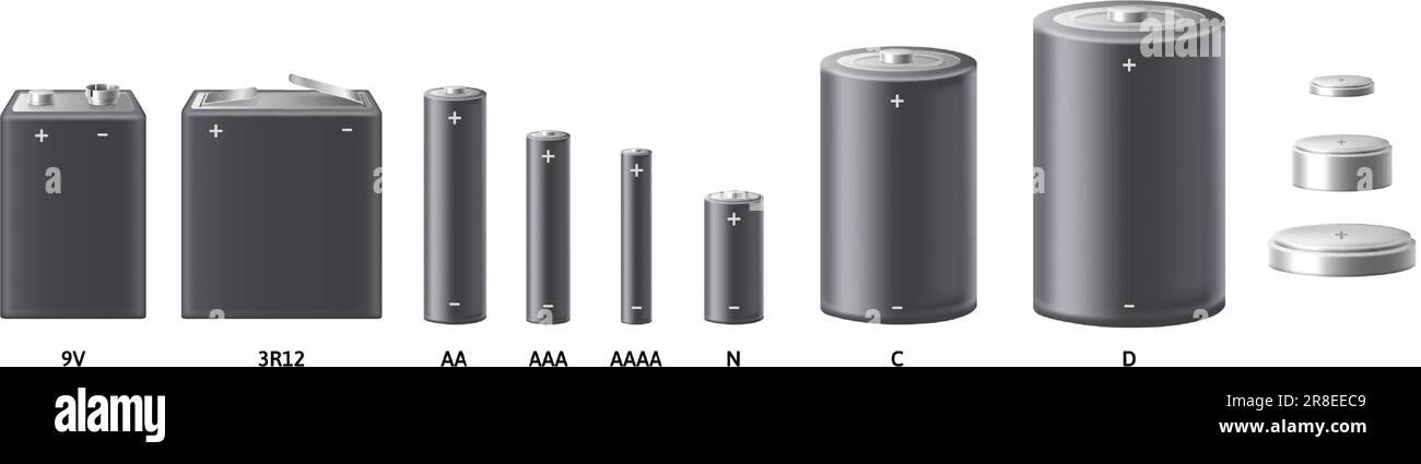 Realistic battery mockup. Different types of alkaline batteries and ...