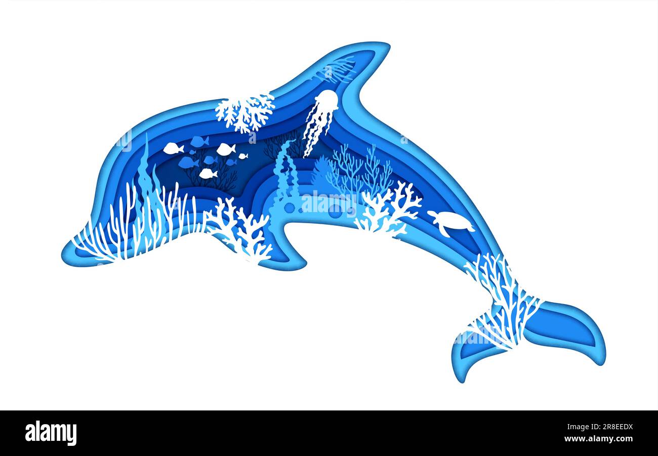 Sea dolphin silhouette, underwater paper cut landscape and seaweeds ...